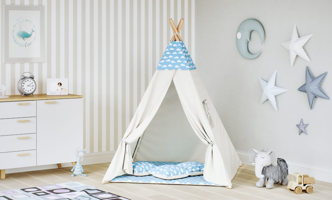 Detský stan Tipi obláčiky modrý / béžový - Najkoberce.sk